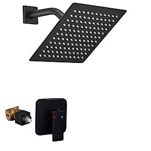 Black Shower Faucet GGStudy Single Function Shower Trim Kit with Rough-in Valve Shower Set Bath Rainfall Shower Faucet System 8inch Square Stainless Steel Metal Shower Head