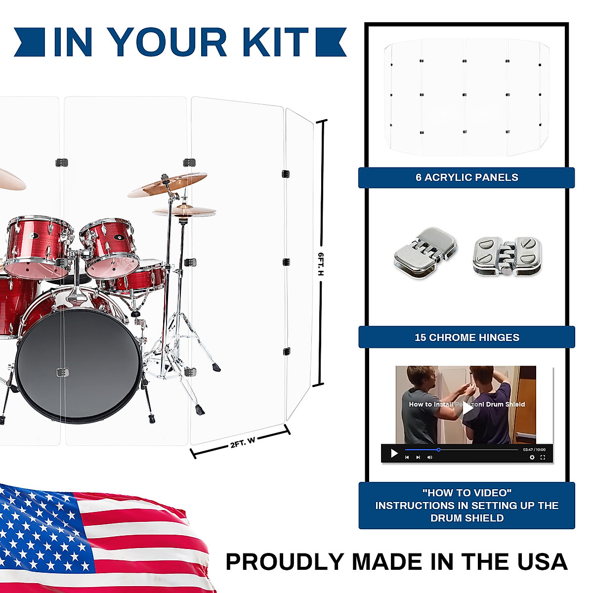 PENNZONI Drum Shield 6ft w/Chrome Hinges, Comes w/ 6 Drum Panels, & Chrome Hinges, Premium Clear Acrylic Panels, Drum Screen