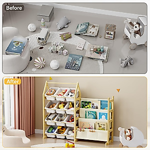 Oenalw Wooden Toy Storage Organizer Kids Bookshelf, with 12 Toy Organizer Bins, Child Book Shelf for Kids Rooms, Nursery, Baby Room, Playroom, Montessori Toys Storage Organizers Rack Bookcase Shelves