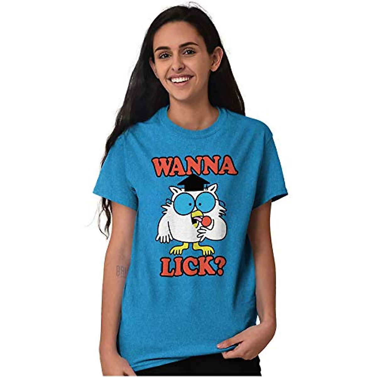 Wanna Lick? Mr. Owl Tootsie Pop Funny Graphic T Shirt Men or Women Heather Sapphire