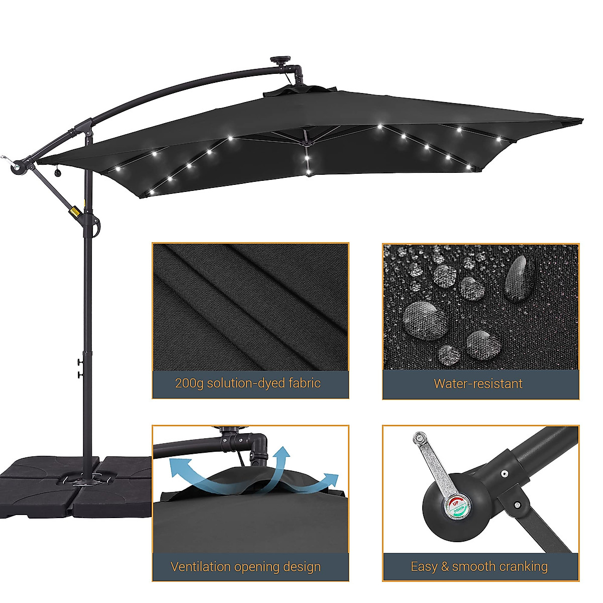 Bonosuki 8.2 x 8.2′ LED Patio Offset Umbrella With a Base, Outdoor Hanging Umbrella for Yard, Poolside and Deck,Black
