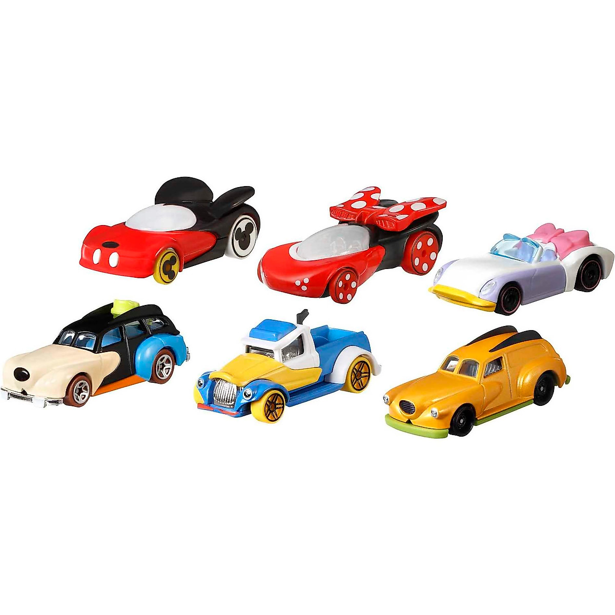 Hot Wheels Mattel Disney Toy Cars 6-Pack, Set of 6 Character Vehicles in Collectable Packaging: Mickey, Minnie, Pluto, Daisy, Donald & Goofy