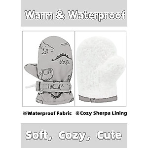 Slivery Color Toddler Mittens Kids Winter Warm Gloves Lined Fleece Gloves Waterproof Snow Baby Mitten for Boys Grey Dinosaur 2-4T