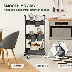 DTK 3 Tier Foldable Rolling Cart, Metal Utility Cart with Lockable Wheels, Folding Storage Trolley, 3 Small Baskets and 6 Hooks for Living Room, Kitchen, Bathroom, Bedroom and Office, Black