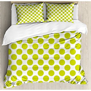 Ambesonne Lime Green Duvet Cover Set, Nostalgic Polka Dots Style Girlish Vintage Large Circles Rounds Pattern, Decorative 3 Piece Bedding Set with 2 Pillow Shams, Queen Size, Lime Green White