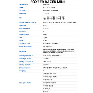 FPV Camera Foxeer Razer Mini Cam 1200TVL 2.1mm Lens 4:3 FOV 125 Degree PAL NTSC Switchable for Racing Drone Black