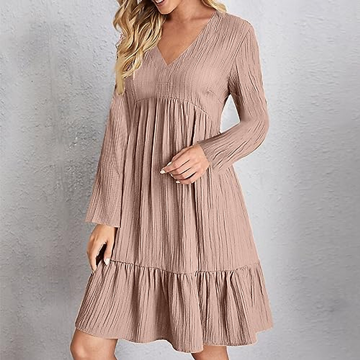 Dress with Pockets Retro 2023 2024 Vestidos para Mujer 2023 Casual Manga Larga vendaje Vestido Cuello en V Color sólido Vestido de Fiesta asimétrico WV3-Pink X-Large