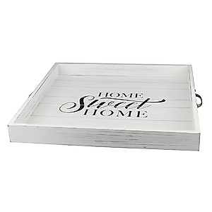 Stonebriar Square Worn White Home Sweet Home Decorative Wooden Tray with Metal Handles