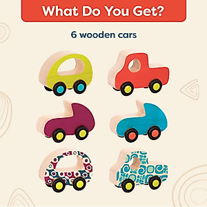 B. toys- 6 Little Wooden Toy Cars- Free Wheee-Lees- Vehicles- Colorful Car Play Set for Toddlers, Kids- 1 Year +