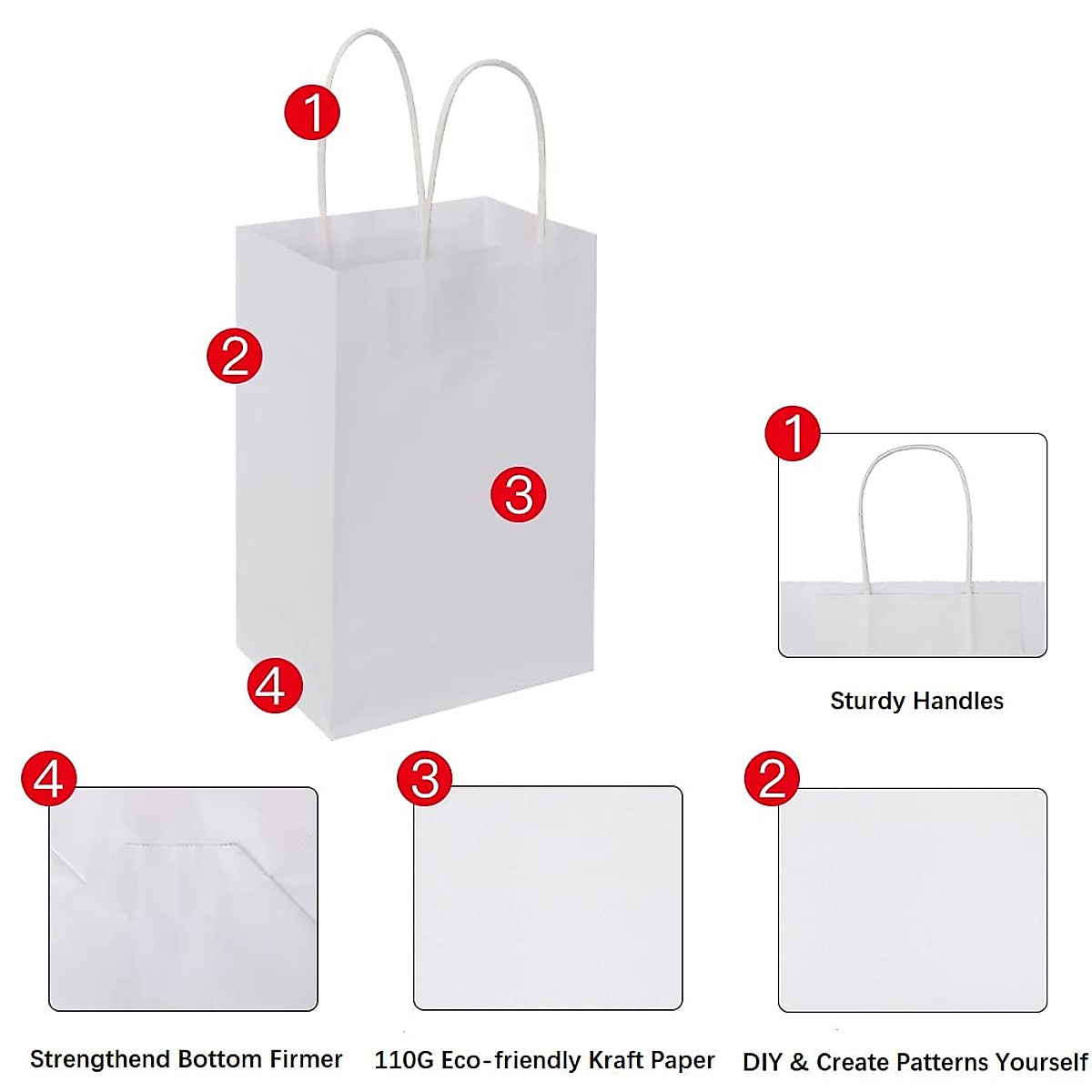Oikss Each 100 Pack Small & Medium White Kraft Paper Gift Bags with Handles Bulk