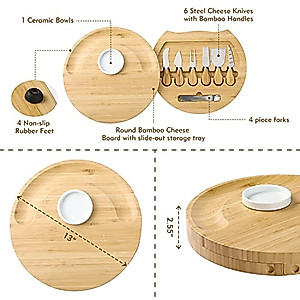 BOLTLINK Cheese Board and Knife Set, Bamboo Round Charcuterie Boards Swivel Meat Platter Personalized Tray with 6 knives for Housewarming Christmas Thanksgiving Party Birthday Wedding Gifts