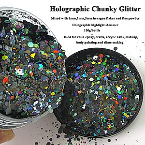 LuckForever 150g Holographic Black Chunky Glitter Flakes Mixed Hexagon Shape Nail Glitters Confetti Craft Sequins Manicure Sticker Accessories for Resin/Crafts/Nails/Body/Makeup