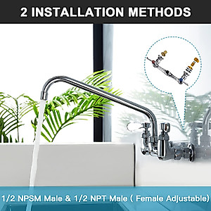 Favorpo Wall Mount Faucet 8 Inches Center Commercial Kitchen Faucet, 12 Inches Swivel Spout Wall-Mount Utility Sink Faucets, 2 Handle Wall Mounted Faucets for Kitchen Laundry Room Restaurant