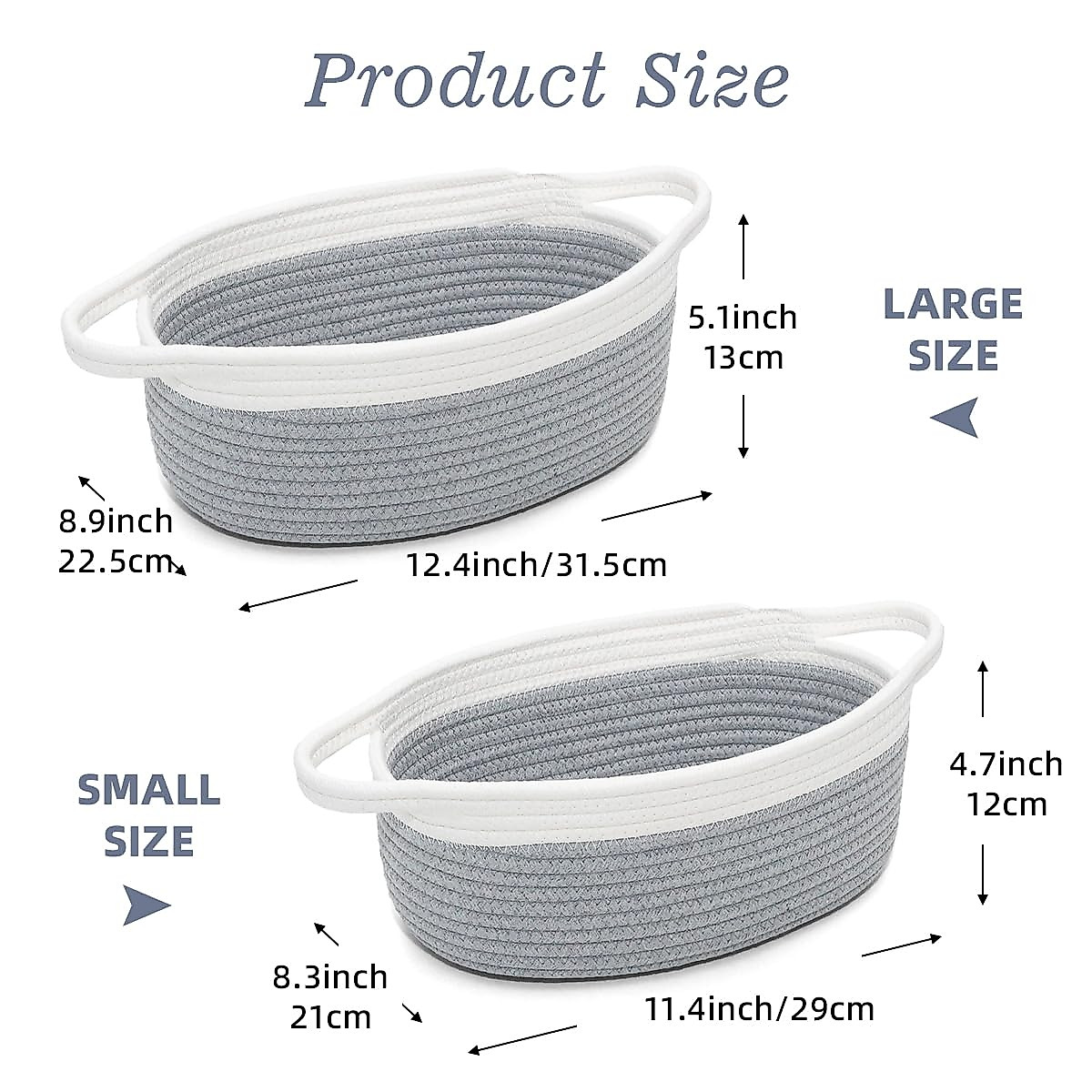 ArcaGuru Small Woven Basket with Handles, Empty Storage Baske for Gifts, Rope Room Shelf Storage Basket for Towels, Snacks, Dog Toy Basket, Pack of 2, Gray
