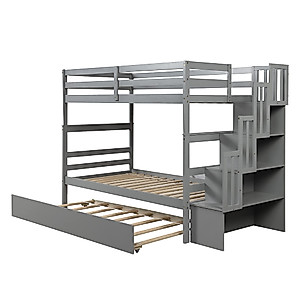Harper & Bright Designs Stairway Bunk Bed Twin Over Twin with Trundle,Detachable Bunk Beds Twin Over Twin with Stairs,Wood Twin Bunk Beds with Storage Shelves for Kids Teens Girls Boys, Grey