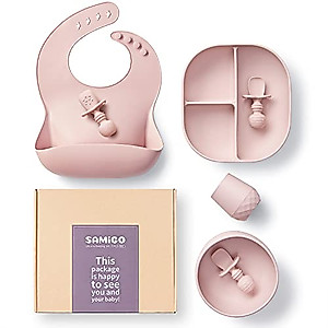 SAMiGO Baby Led Weaning Supplies - Silicone Baby Feeding Set - Suction Bowl Divided Plate Bib Cup Self Feeding Spoons - Toddler Baby Dish Set - First Stage Solid Food Eating Utensils - 6+ Months