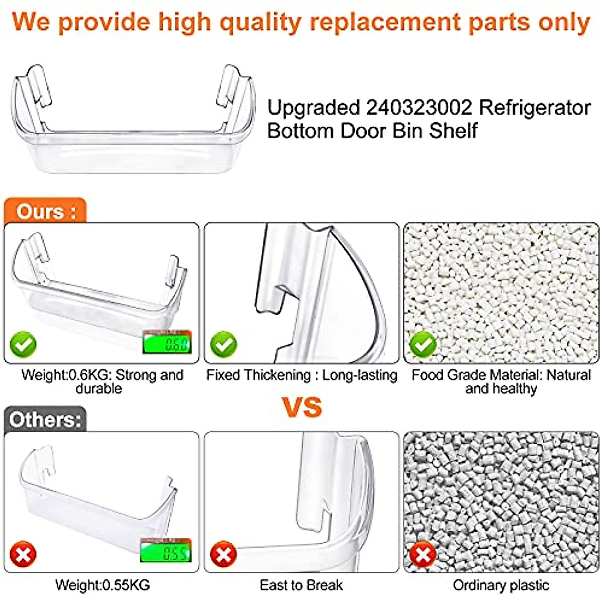 1x UPGRADE 240323002 Refrigerator Door Bin Shelf Replacement Part Compatible for Frigidaire Electrolux Refrigerator Bottom 2 Shelves on Refrigerator Side AP2115742 PS429725 AH429725 FGHS2631PF4A