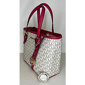 Michael Kors Jet Set Travel XS Carryall Convertible Top Zip Tote bundled with SM TZ Coinpouch and Purse Hook (Carmine Pink MK Multi)