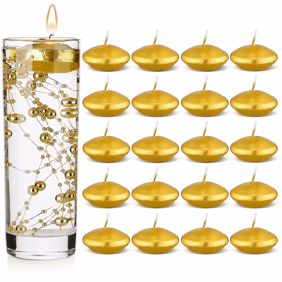 Nuanchu 20 Pcs Mini Floating Candles Small Floating Candles Round Tea Lights Unscented Candles Disc Candles Smooth Wax Floating Candles for Pool Bathtub Dinner Wedding Home Favors(Gold, 0.7 x 1.4 in)