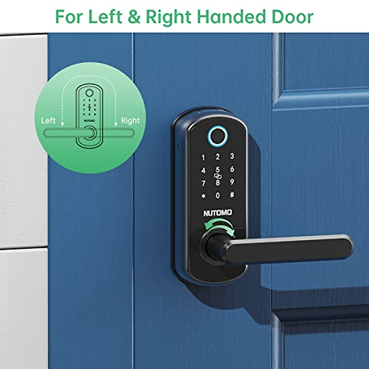 NUTOMO Fingerprint Door Handle Lock - Keyless Entry Door Lock - Digital Electronic Keypad Front Door Lock with Handle - User Passcode Auto Lock IC Cards - Smart Lock for Home Hotel Office Room - Black