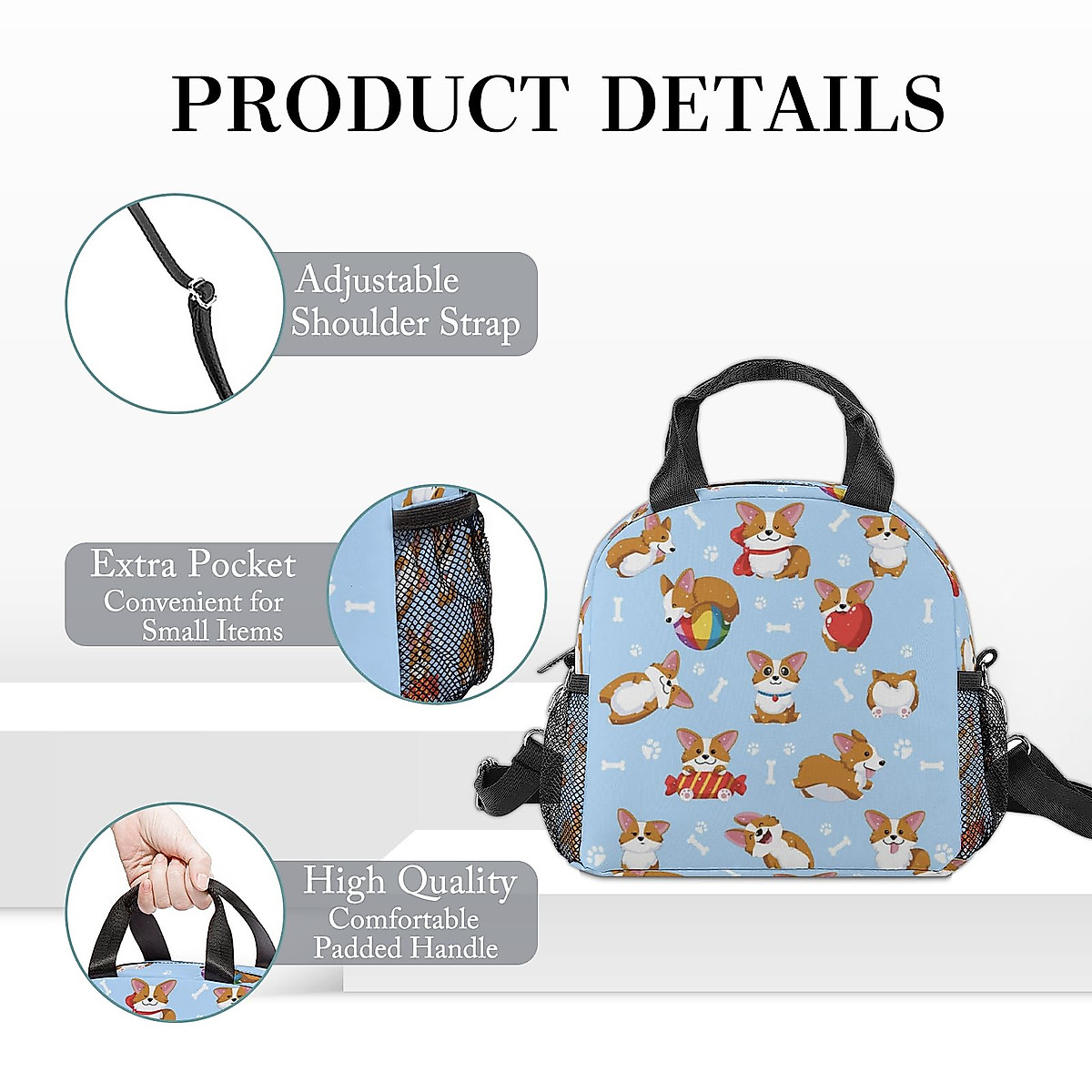 CEGGTDIR Insulated Reusable Lunch Bag with Adjustable Detachable Shoulder Strap, Durable Water-Proof Blue Corgi Lunch Box for Boys and Girls Portable Modern Tote Bag For School Picnic Travel