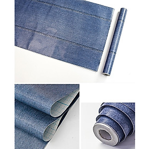 Decorative Blue Denim Pattern Vinyl Contact Paper Self Adhesive Shelf Liner for Kitchen Cabinets Countertop Furniture Crafts 17.7x78.7 Inches