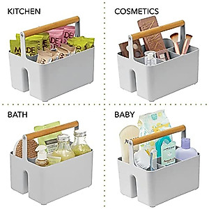 mDesign Plastic Portable Storage Organizer Kitchen Caddy Tote, Divided Bin with Wood Handle for Napkins, Silverware, Forks, Knives, Spoons - Store in Cabinets, Countertops - Gray/Natural