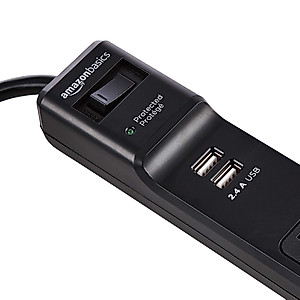Amazon Basics 6-Outlet Surge Protector Power Strip, 2 USB Ports, 2 Ft Cord - 500 Joule, Black, 2-Pack