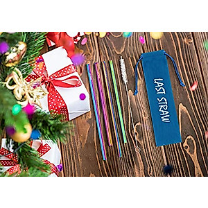 LAST STRAW Sky Blue Velvet Collection – Portable 304 Stainless Steel Cocktail Length Eco-Friendly Drinking Straws - Set of 4 Washable Rainbow Metal Straws + Brush + Velvet Carrying Pouch