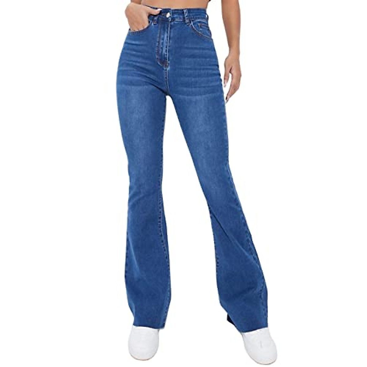 Floerns Women's High Waisted Flare Jeans Raw Hem Stretch Slim Fit Denim Pants Blue M