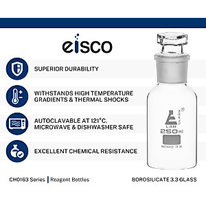 Eisco Labs 60ml Reagent Bottle - Borosilicate Glass with Wide Mouth and Stopper