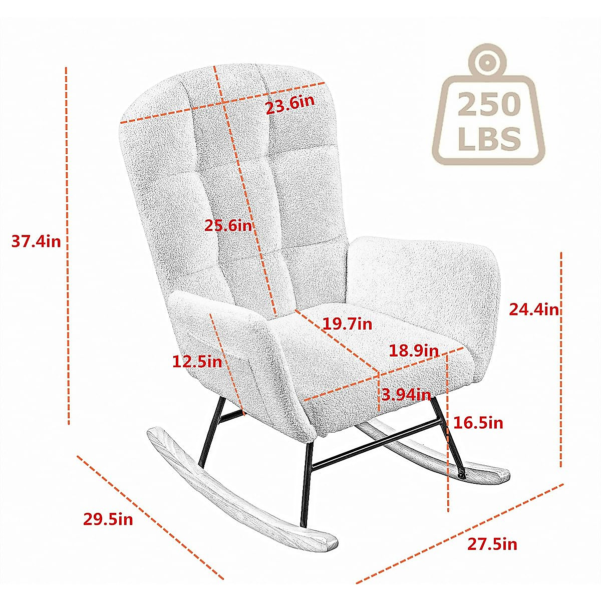 hansones Nursery Rocking Chair,Upholstered Glider Chair with High Backrest Armchair Chair for Living Room Bedroom Offices (Cream White Teddy)