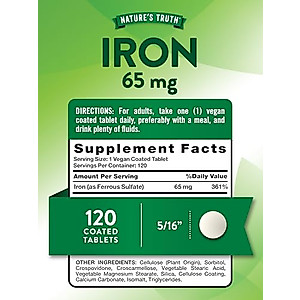 Ferrous Sulfate Iron Supplement | 65 mg | 120 Tablets | Non-GMO, Gluten Free | By Nature's Truth