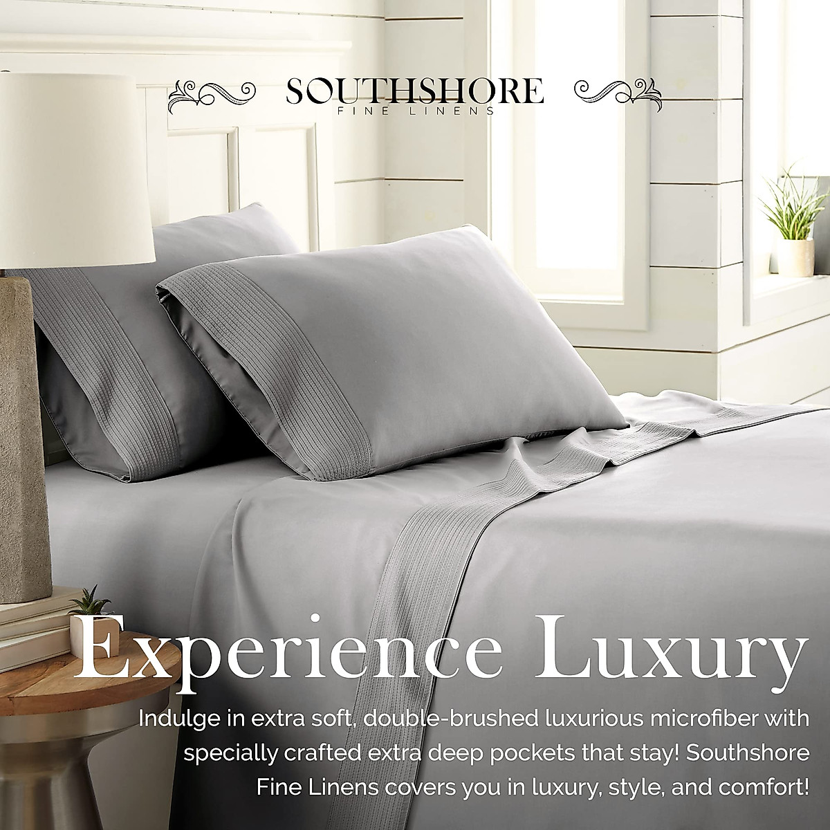 SouthShore Fine Living Vilano Pleats, 4-Piece, 21-Inch Extra Deep Pocket Sheet Set, King Sheets with Flat Sheets and Pillowcase, Easy Care and Shrinkage-Free Deep Pocket Sheets, Sheet Set, Steel Grey