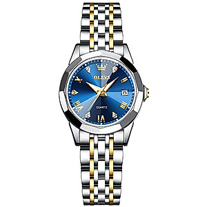 OLEVS Womens Watch Fashion Dress Diamond Female Watches for Ladies Analog Quartz Stainless Steel Waterproof Luminous Day Date Blue Silver Two Tone Wristwatch