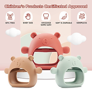 Teething Toys for Babies Over 3 Months Anti-Drop Cute Bear Teething Mitten Wrist Hand Teether Chew Toys for Infants Sucking Needs, Baby Teething Relief BPA-Free, 3 Pack