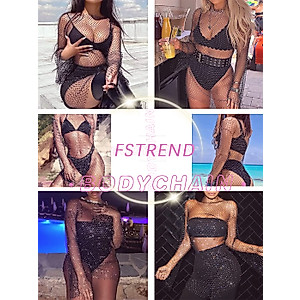 Fstrend Crystal Mesh Body Chains Rhinestone Fishnet Black Crop Top Long Sleeves See Through Bikini (as1, alpha, l, x_l, plus, regular, Black-long clothes)
