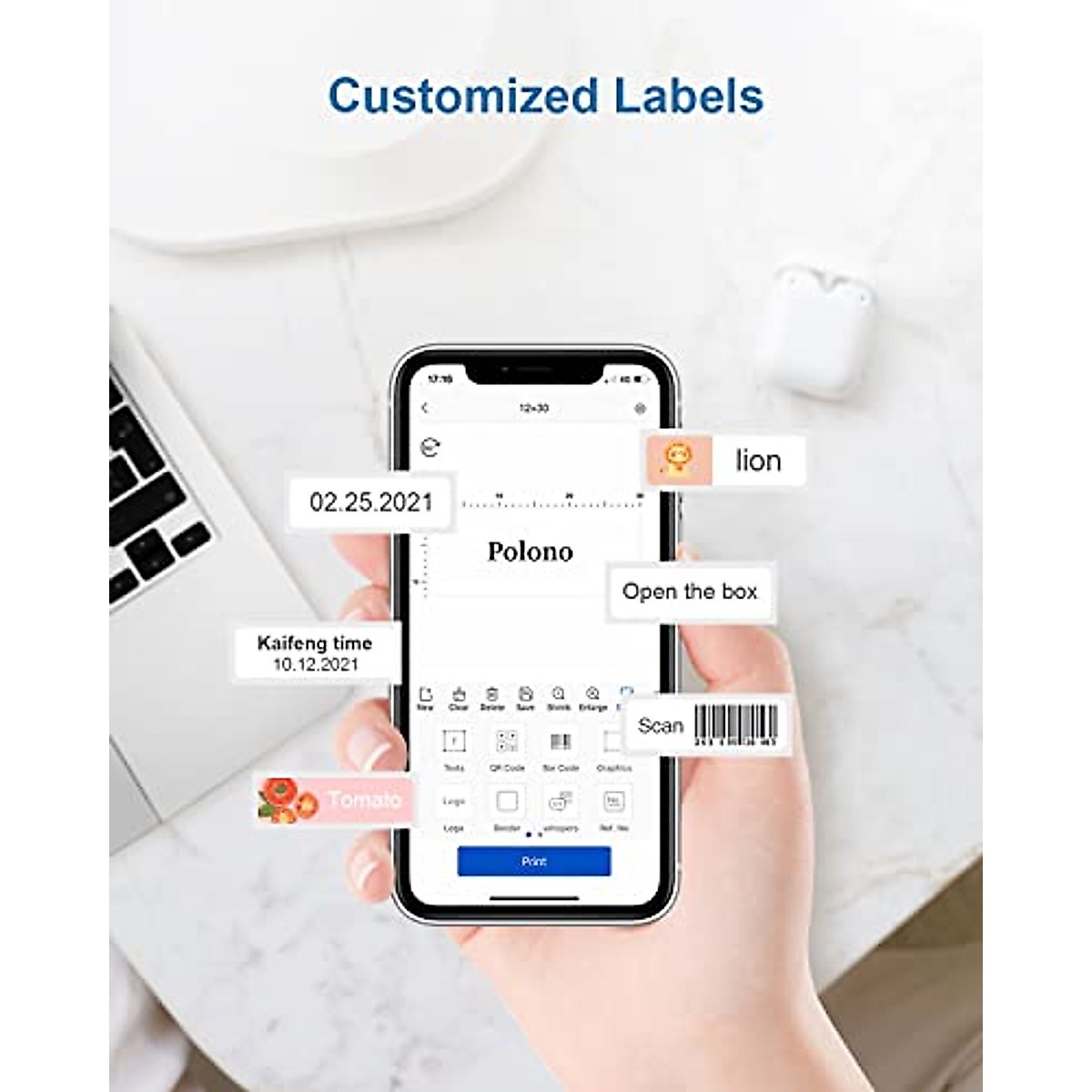Label Maker, POLONO P10 Mini Label Printer, Portable Wireless Connection Label Maker Machine with Tape, Multiple Templates Available for Smartphone Easy to Use Office Home Organization Kitchen Storage