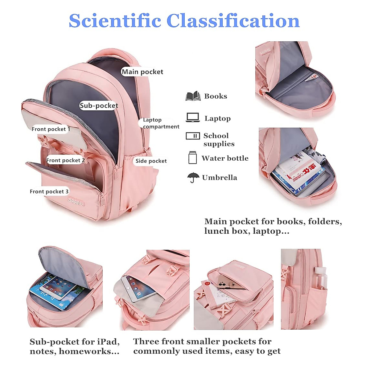 Solid-Color Rolling Backpack for Girls, Trolley Pink Wheel School Bag, Wheeled Bookbag on 6 Wheels