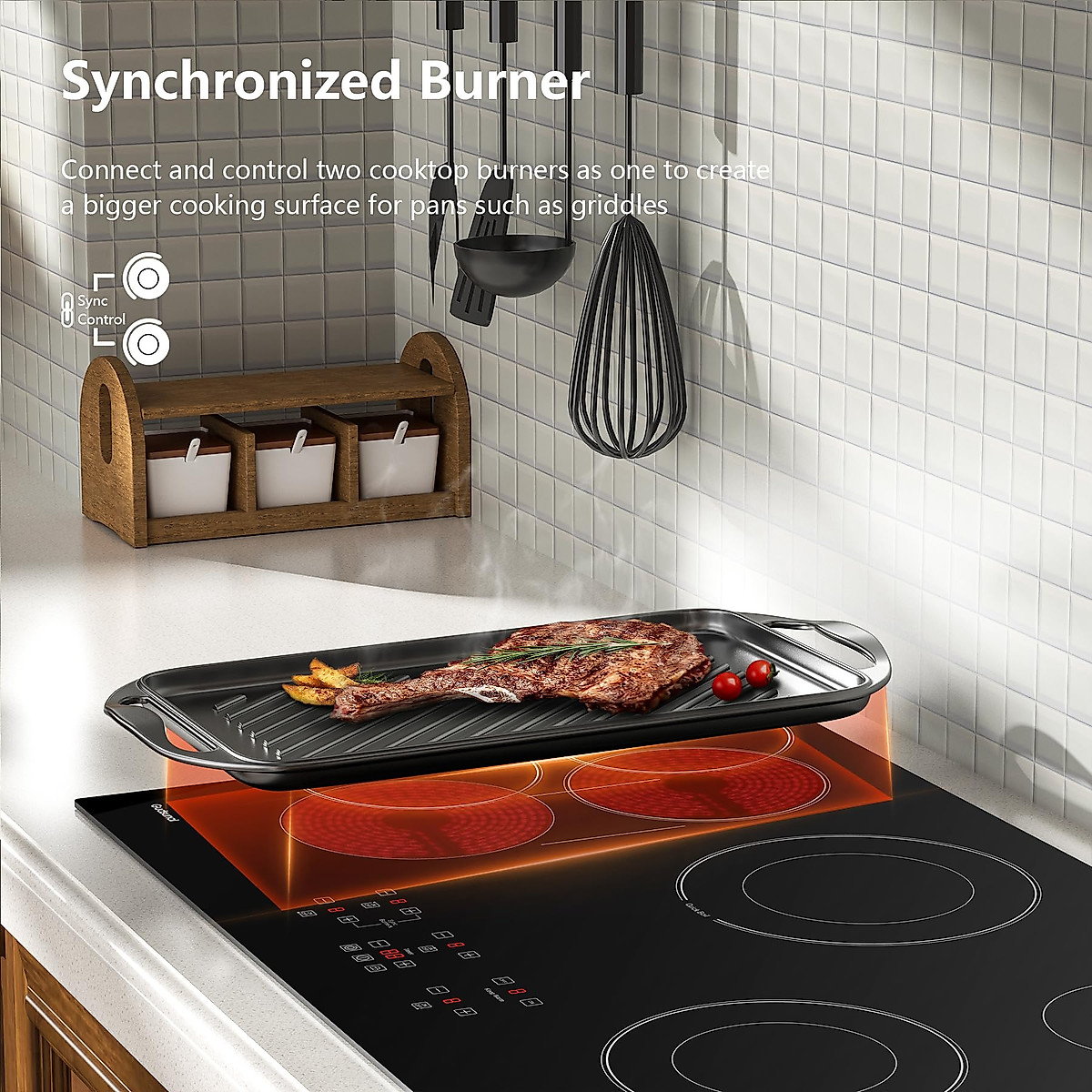 Gudsunal 30 Inch Electric Cooktop 5 Burners, ETL & FCC Certificated, Sync Elements, Keep Warm Setting, 9 Heating Level, Timer, Child Lock & Auto Shutdown, Drop-in Electric Stove Top