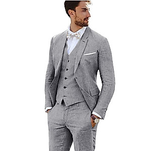 Furuyal Linen Suits for Men 3-Piece Casual Summer Beach Wedding Retro Slim Fit Tuxedo Groom Tux Blazer Vest & Pants Gray-XL