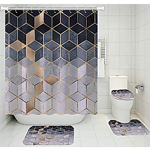 Yuaobeimei Geometric Marble Shower Curtain Sets with Rugs and Bathroom Mat 4-Piece 3D Print Waterproof Diamond Marbling Shower Curtain Bathroom Decor
