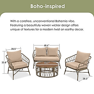 LUMISOL 4 Piece Outdoor Furniture Set with Wood Table, Patio Furniture Set with Removable Cushions, Outdoor Conversation Set for 4 Person, for Backyard Pool, Beige