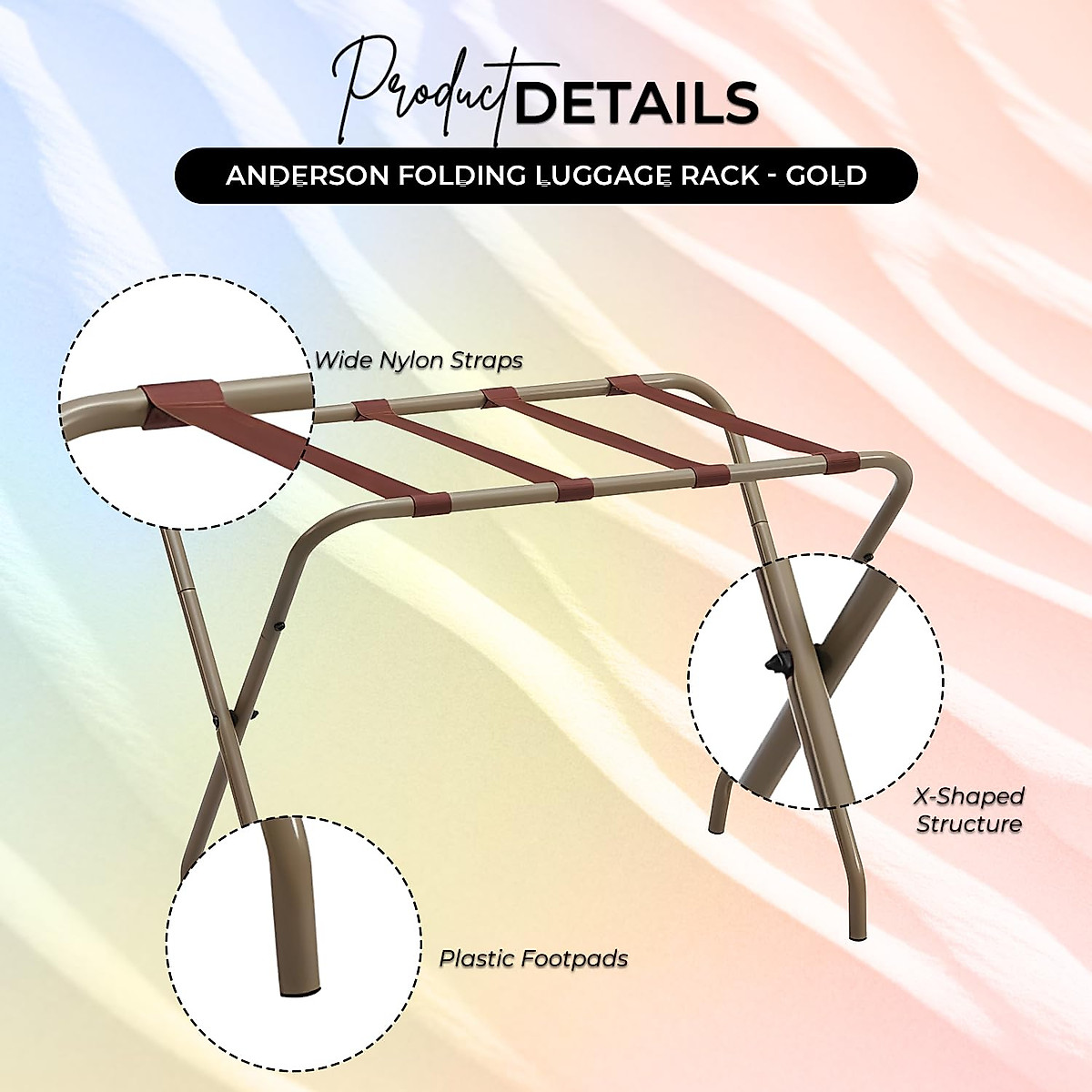 Kings Brand Furniture Anderson Folding Luggage Rack - Suitcase Stand With Storage Shelf - Folding Luggage Rack for Guest Room and Bedroom - Sturdy Portable and Stylish Metal Suitcase Stand - Gold