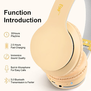 esonstyle Bluetooth Headphones Over Ear Foldable Wireless and Wired Stereo Headset with Mic Soft Earmuffs Light Weight for Phone TV PC Online Class Home Office (Apricot)