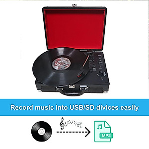 Vinyl Record Player 3 Speed Turntable with Bluetooth, USB/SD Play&Recording, Built in Battery, Line Out, AUX in, Earphone Jack, Replacement Needle