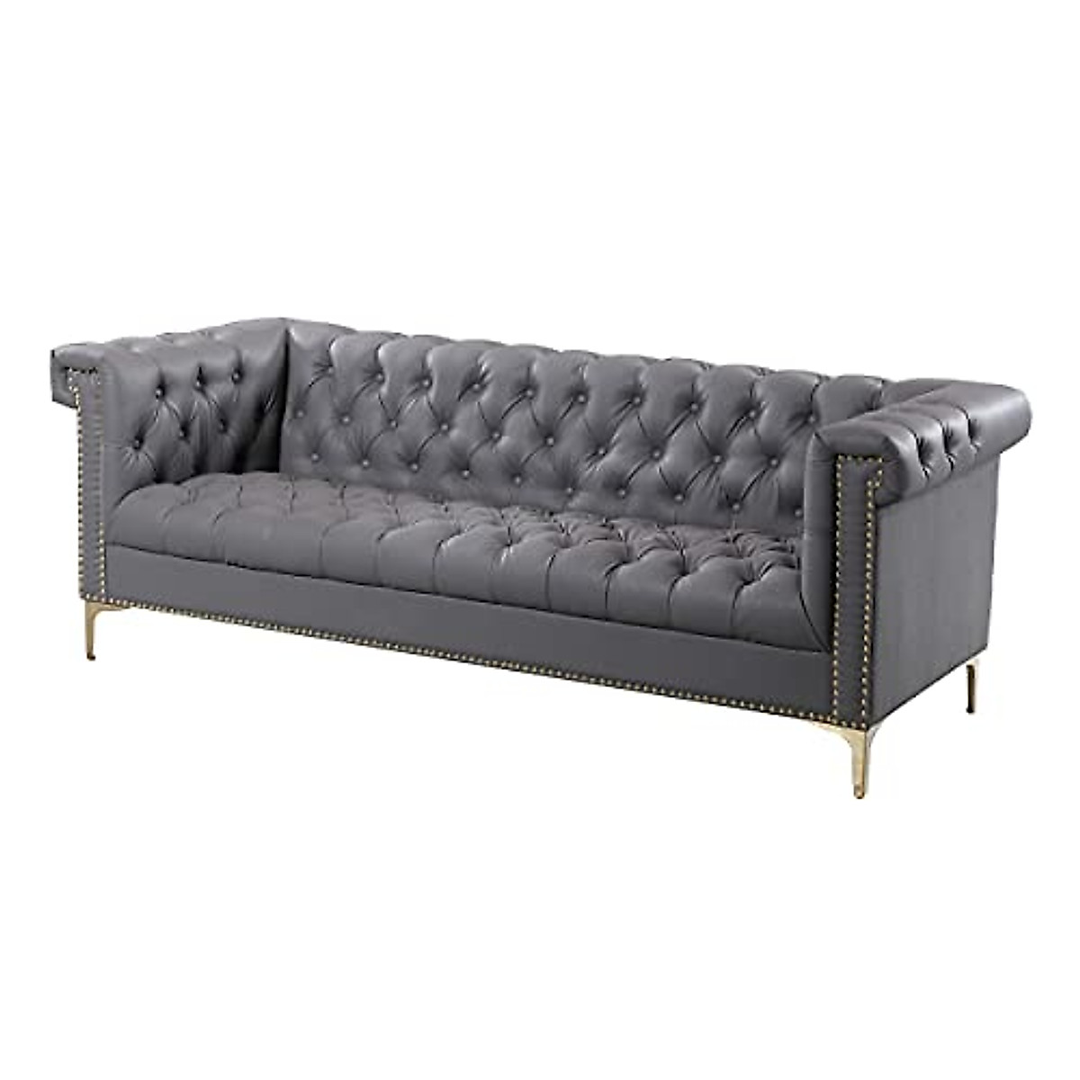 Iconic Home Winston Nail Head Tone Legs PU Leather Modern Contemporary Button Tufted with Gold Nailhead Trim Goldtone Metal Y-Shaped Feet Sofa, Grey
