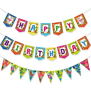 3 Pieces Hawaiian Party Decoration Hawaiian Happy Birthday Banner Pennant Hawaiian Bunting Banners Tropical Party Decorations for Summer Luau Tiki Beach Party Birthday Baby Shower