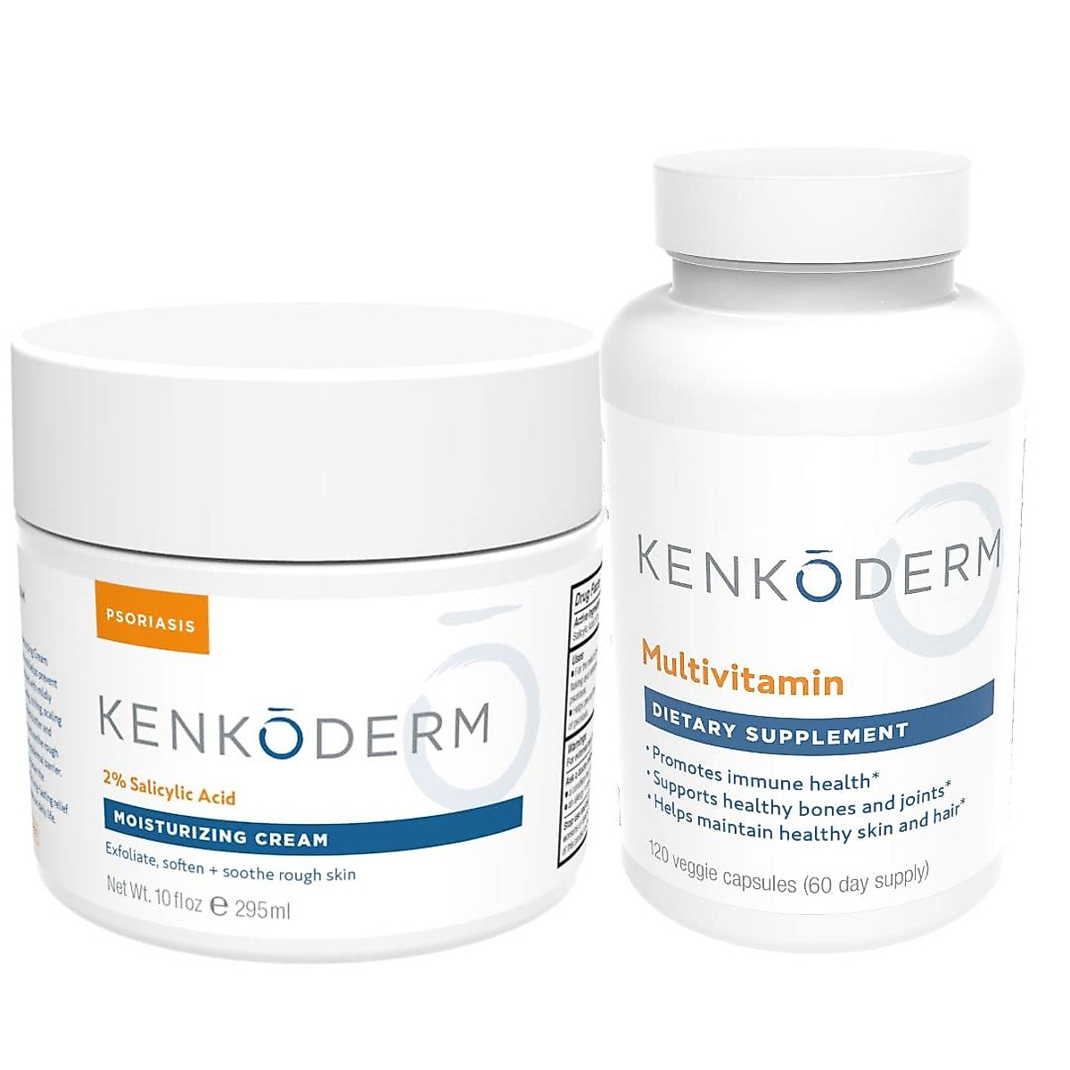 Kenkoderm Psoriasis Moisturizing Cream & Multivitamin Skin Care Bundle, Moisturizing Cream with Salicylic Acid, 10 oz & Multivitamin with Omega 3 & Vitamin D, Immune Support Supplement, 120 Capsules
