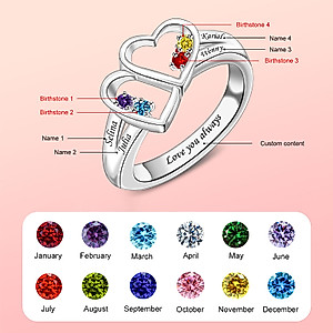ORFANDE Personalized Mother Rings for Women with 2-8 Simulation Birthstones Custom Heart Birthstone Rings Customize Names Engraved Family Rings for Mothers Day, Brass, Cubic Zirconia
